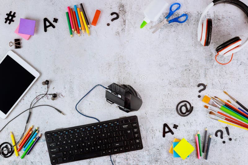 School Supplies with Tablet and Computer Keyboard on White Table. Back ...