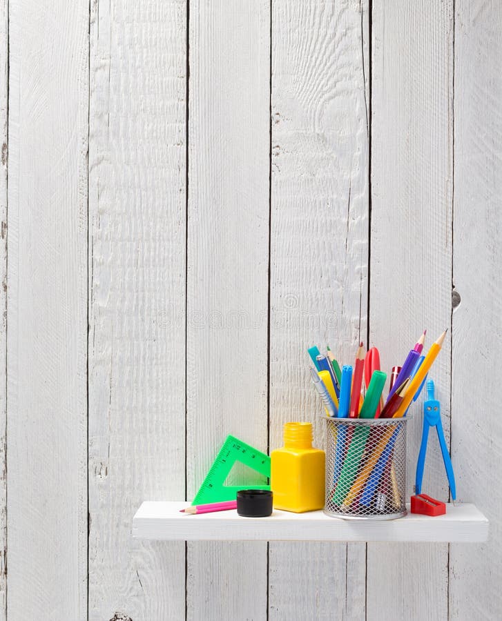 School Supplies and Tools at Wooden Shelf Stock Image - Image of note ...