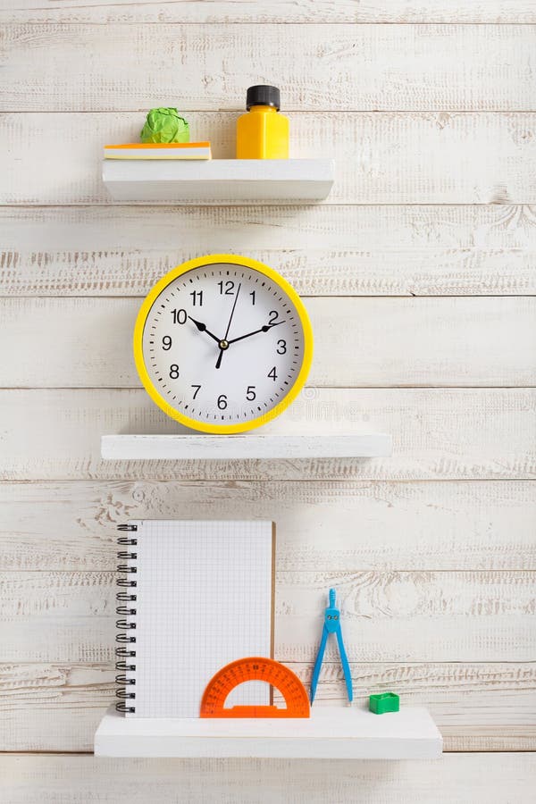 School Supplies and Tools on Wooden Shelf Stock Image - Image of blue ...