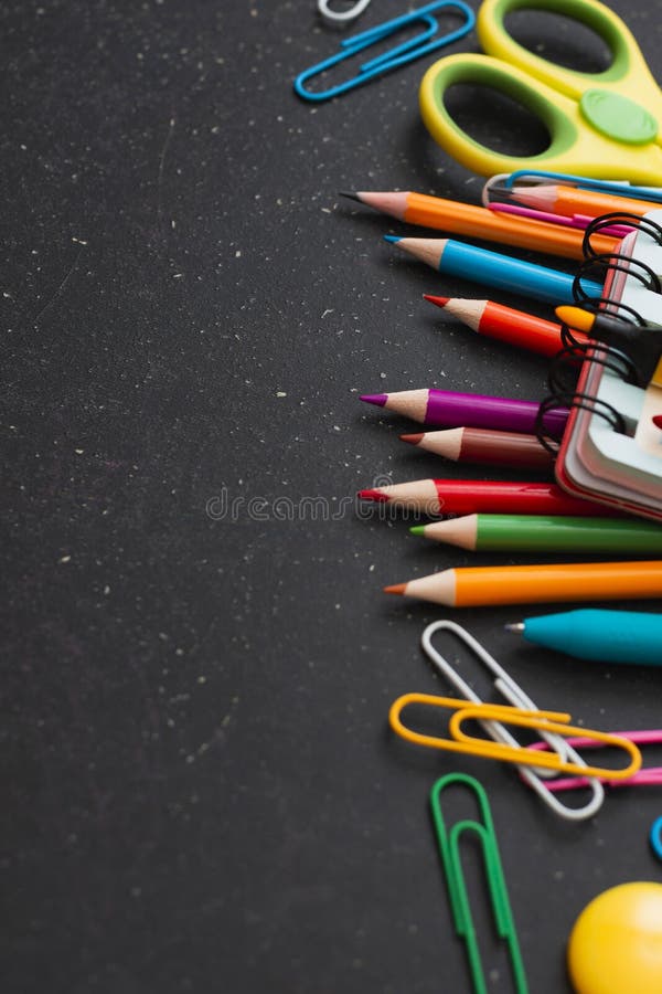 School Supplies Top View on the Background of the Chalkboard. Stock ...