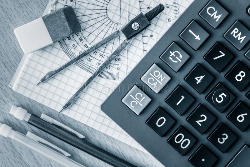 School Supplies Used in Math Toned in Blue Stock Photo - Image of ...