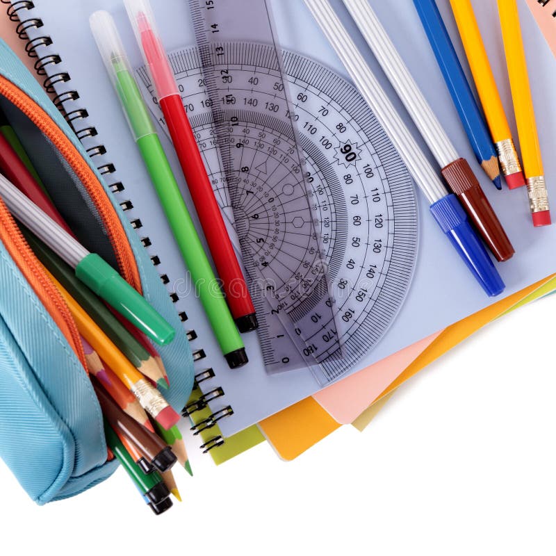 School Bag, Pencil Case, Books, Pens, Equipment, Isolated on White ...