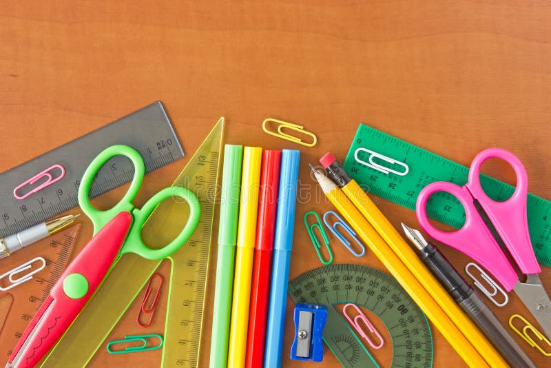 School Supplies on the Wooden Table Stock Image - Image of pencil ...