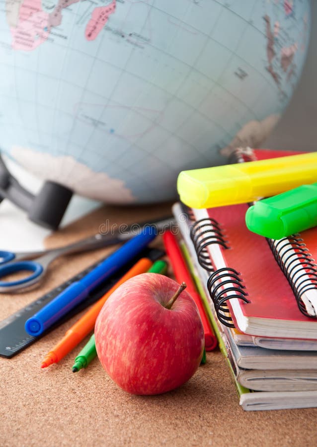 School Supplies. Writing Utensils. Stock Image - Image of apple, earth ...
