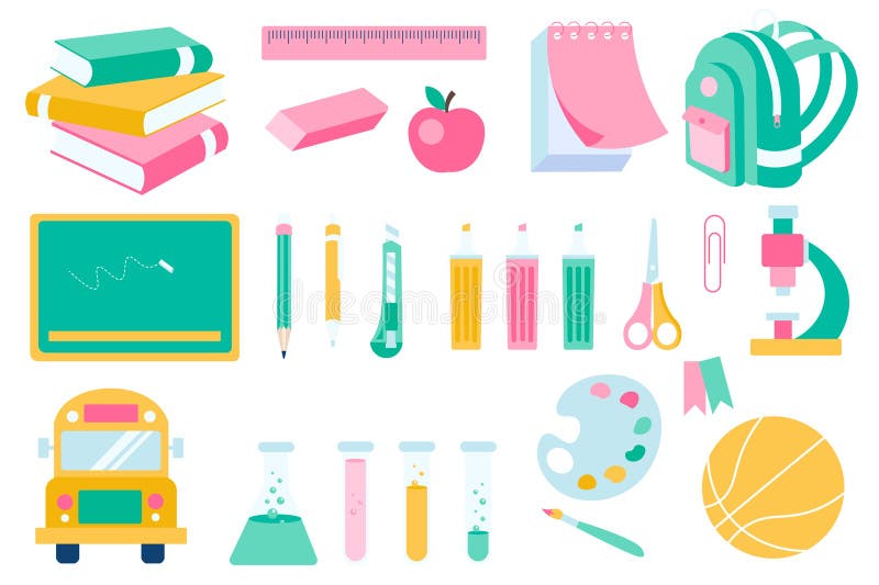 School Supply Mega Set Elements in Flat Design. Vector Illustration ...