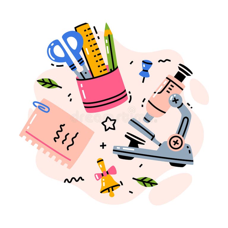 School Supply with Microscope, Bell, Notepad Paper and Ruler with ...
