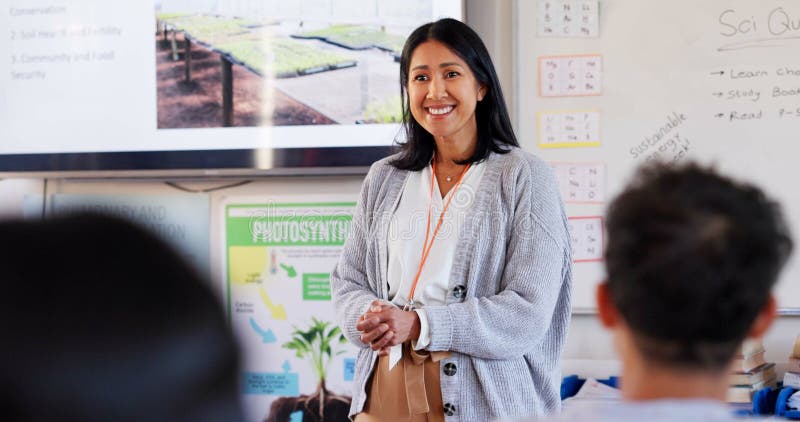 School, Sustainability and Presentation with Teacher in Classroom for Learning, Scholarship and ...