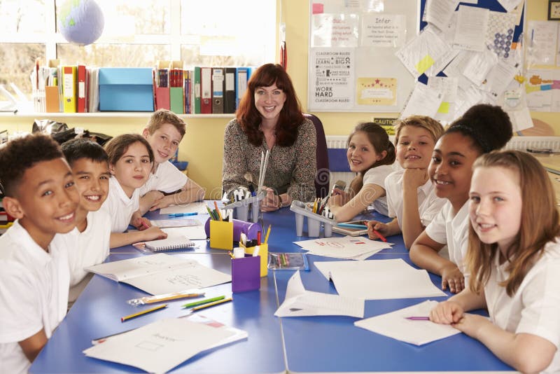 School Kids Work Together on a Class Project, Elevated View Stock Photo ...