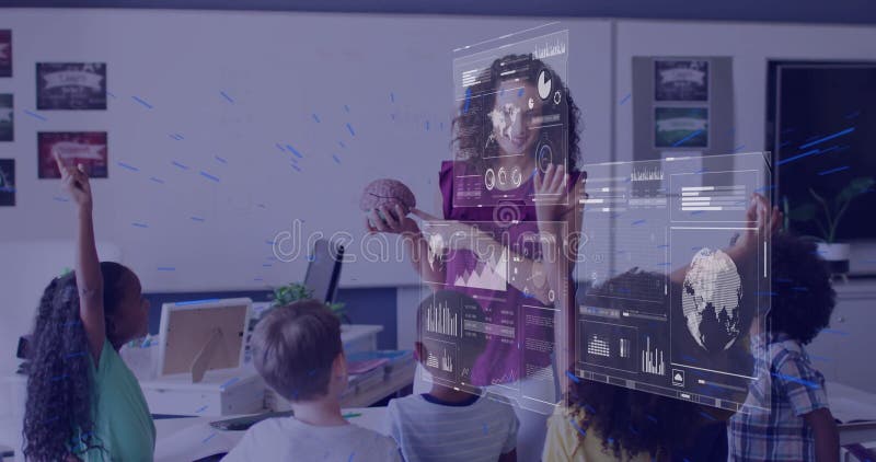 In School, Teacher Holding Brain Model with Animated Data Processing for Children Stock Video ...