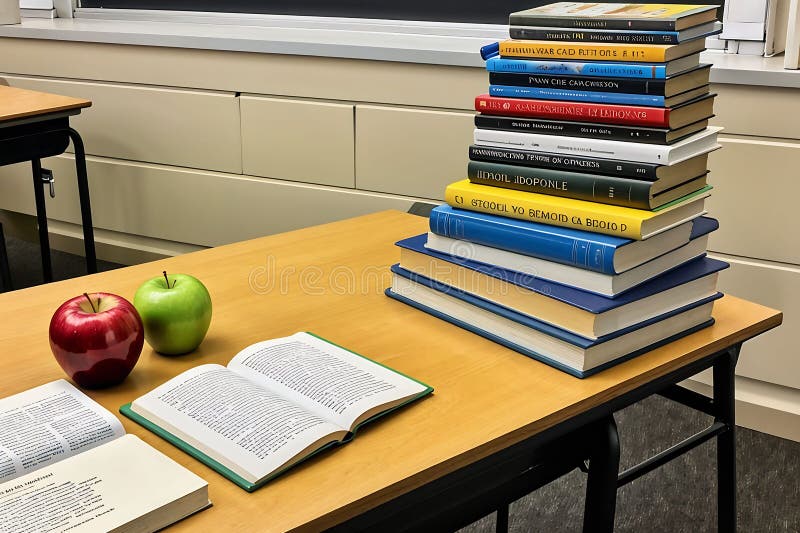 School Teacher S Desk with Stack of Books and Apple Stock Illustration ...