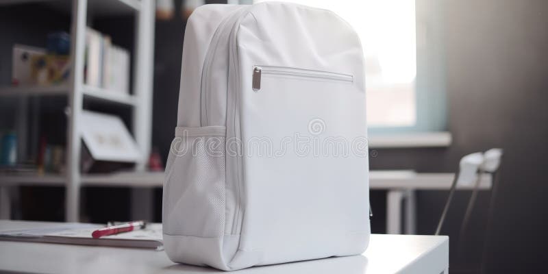 School Template Features White Backpack on Classroom Table. Stock Photo ...