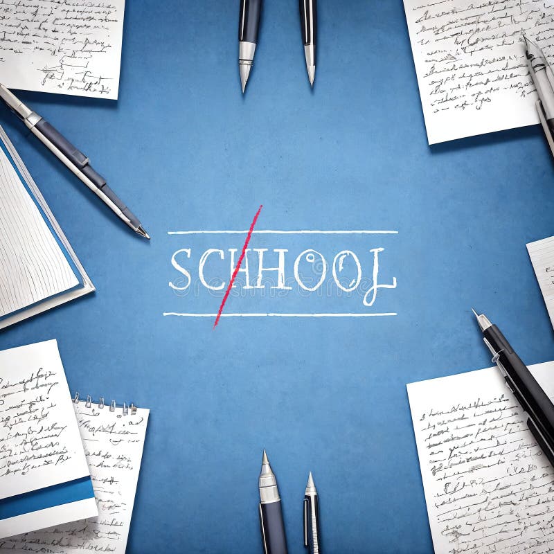 School Text on Blue Background with School Supplies. Top View ...