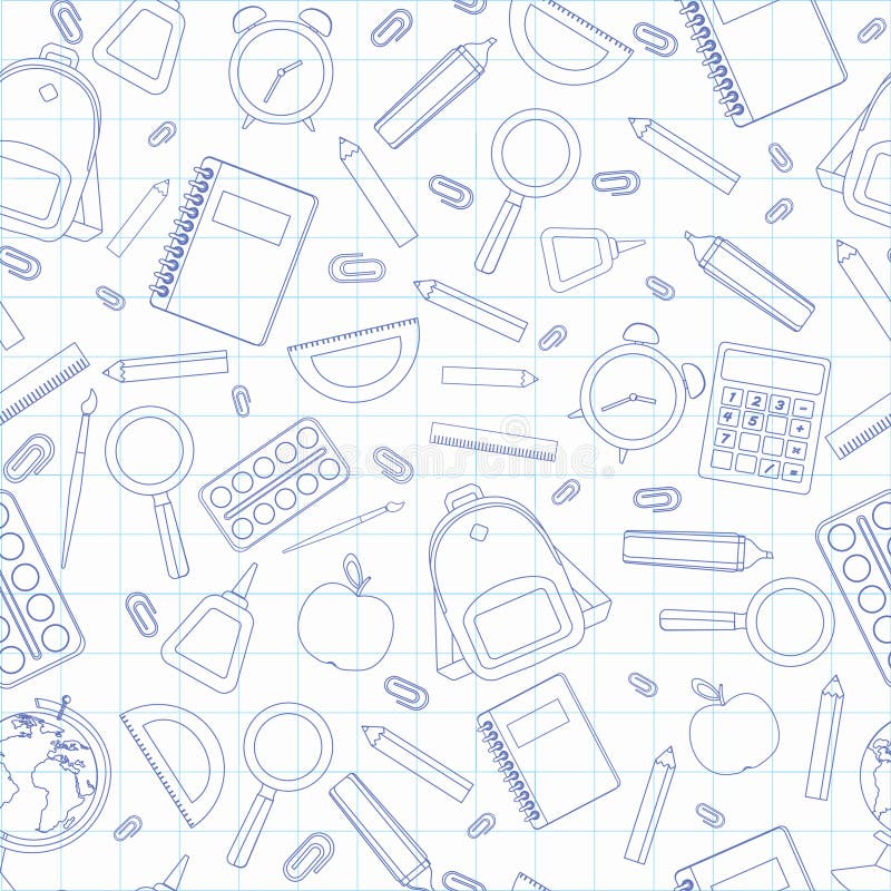 School Themed Pattern School Supplies Backpack on Blue Background Stock ...