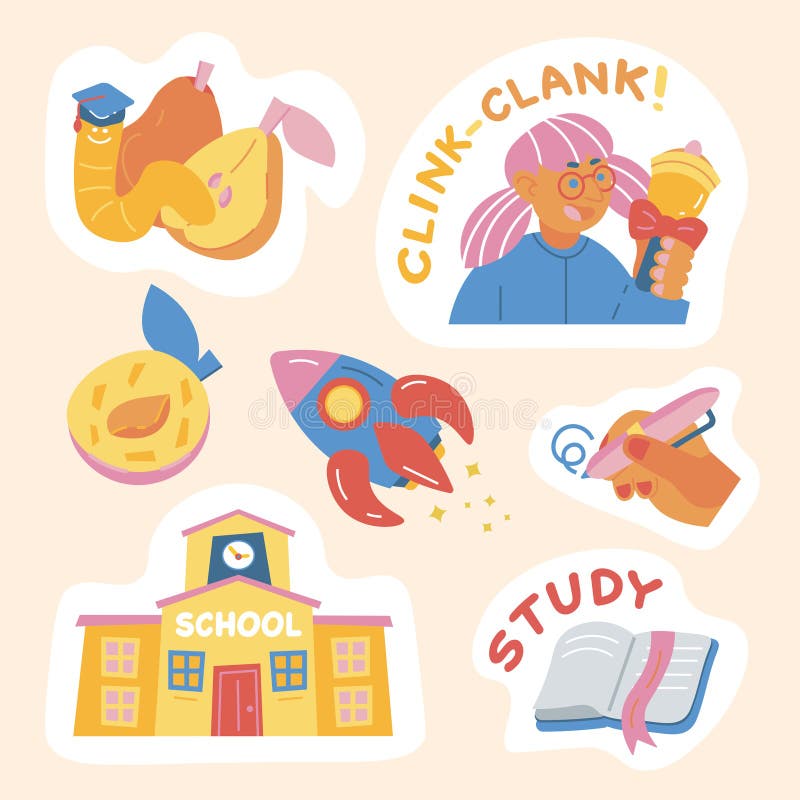 School Themed Sticker Set Girl with Bell School Textbook Stock Vector ...