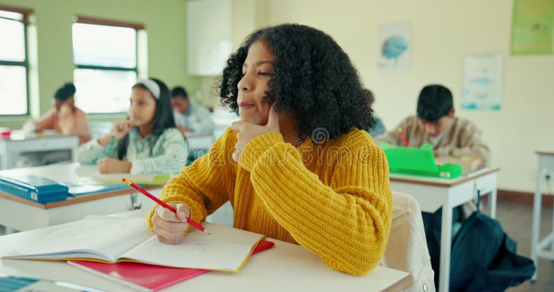 School, Thinking and Girl Child in Classroom with Writing for Learning ...