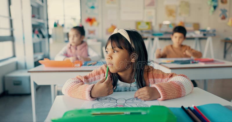 School, Thinking and Girl in Kids Classroom with Notebook, Growth and ...