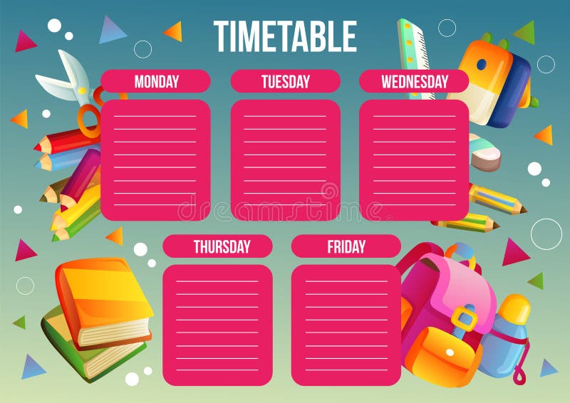 School Time Table with School Supplies Stock Vector - Illustration of ...