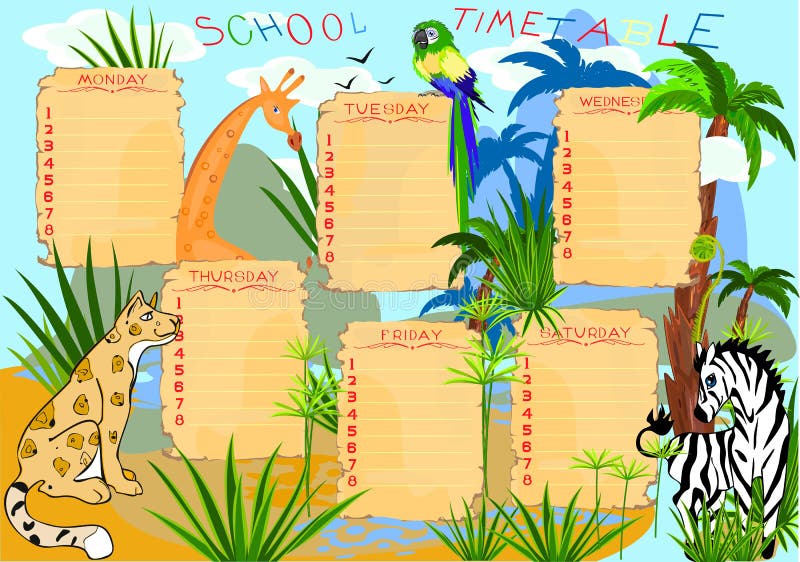 School Timetable with Animals Stock Vector - Illustration of parrot ...