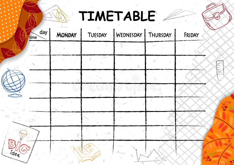 School Timetable Background with Hand Drawn Space Elements. Stock ...