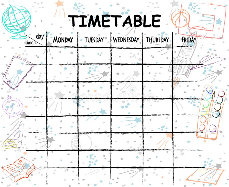 School Timetable Background with Hand Drawn Elements of School Supplies ...
