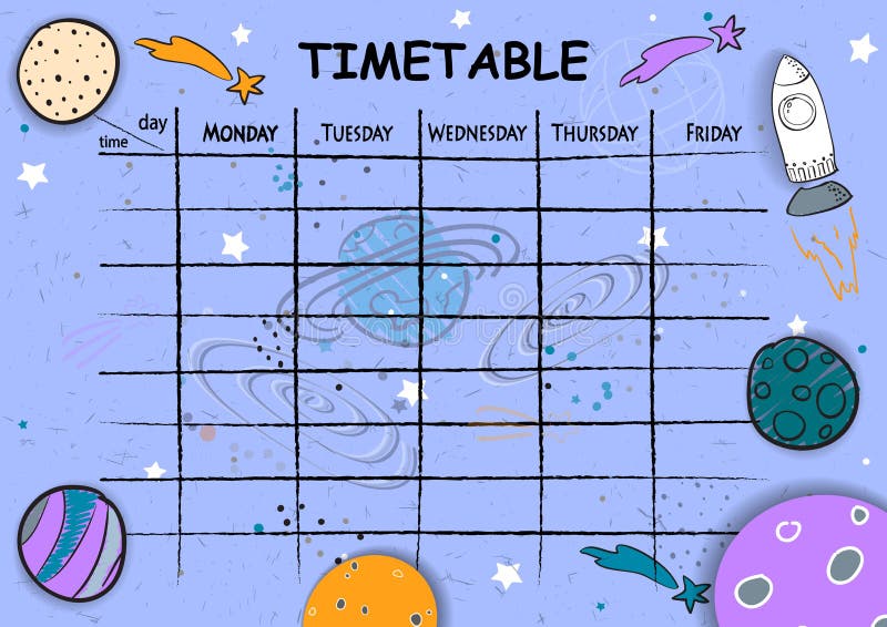 School Timetable Background with Hand Drawn Space Elements. Stock ...