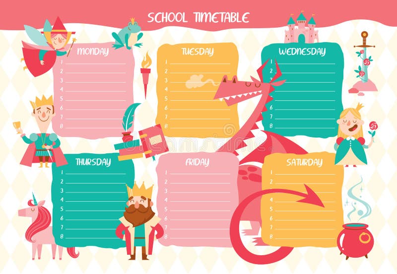 School Timetable with Cartoon Fairytale Characters. Stock Vector ...