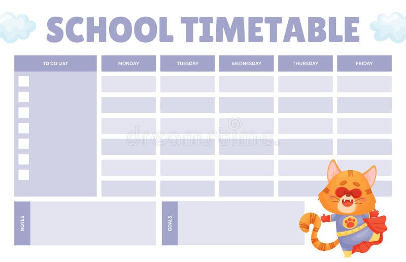 School Timetable with Cat Superhero Vector Template Stock Vector ...