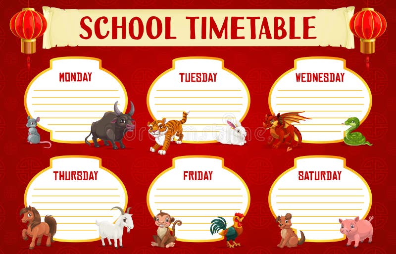 School Timetable with Chinese Horoscope Animals Stock Vector ...