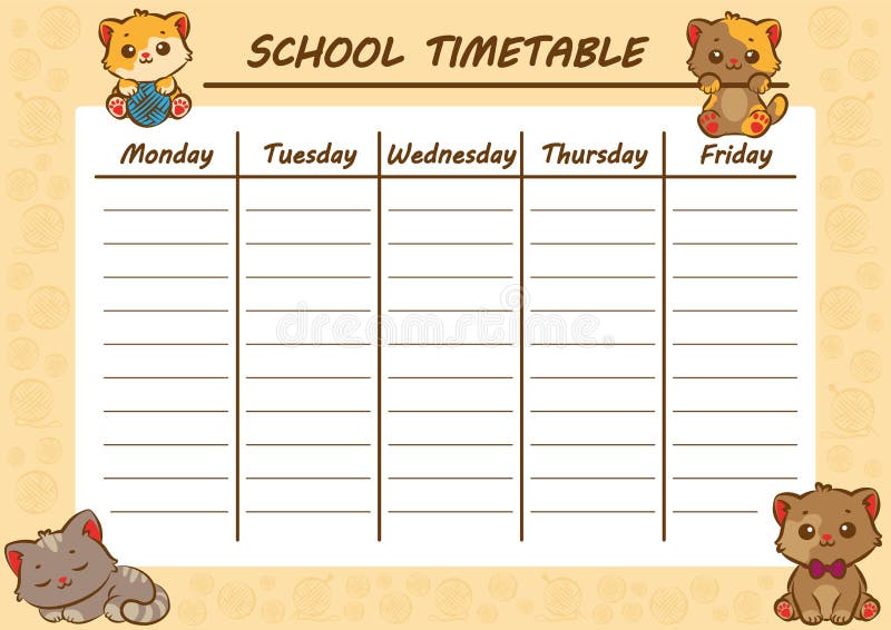School Timetable with Cute Cartoon Cats. Stock Vector - Illustration of ...