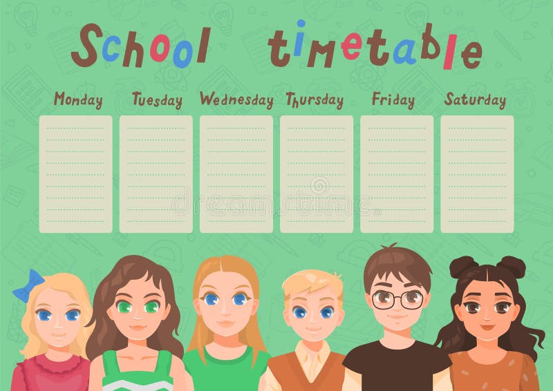 School Timetable with Cute Smiling Kids. Student Education Weekly ...