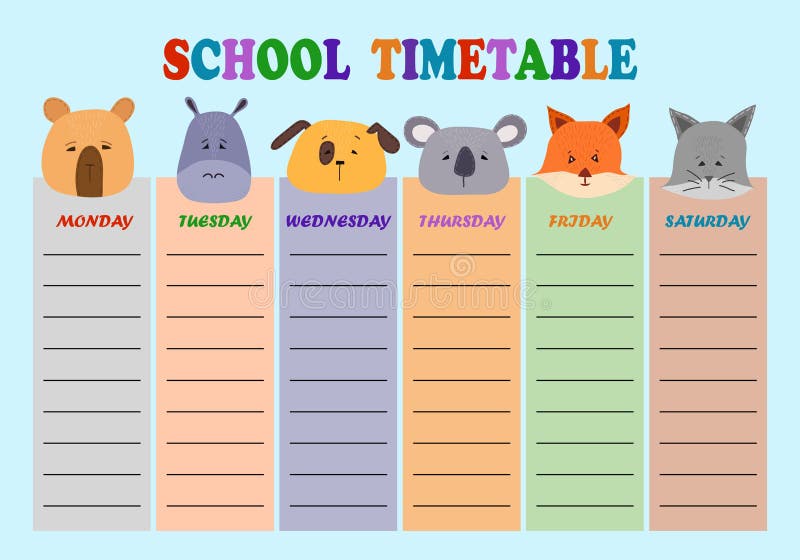 School Timetable Design with Cute Aimals Head. Timetable for Elementary ...