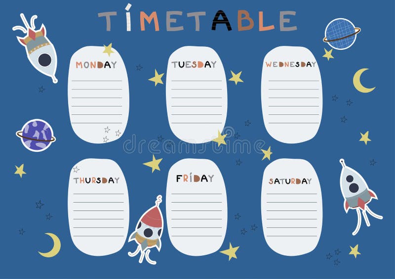 School Timetable, Galaxy Universe Vector Template. School Schedule ...