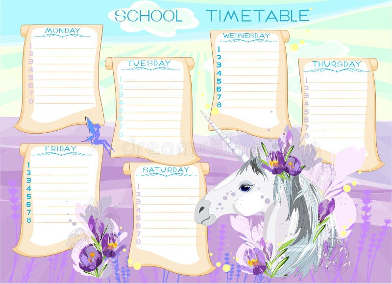 Kids Timetable with Cute Princess. Weekly Planner for Children Girls ...