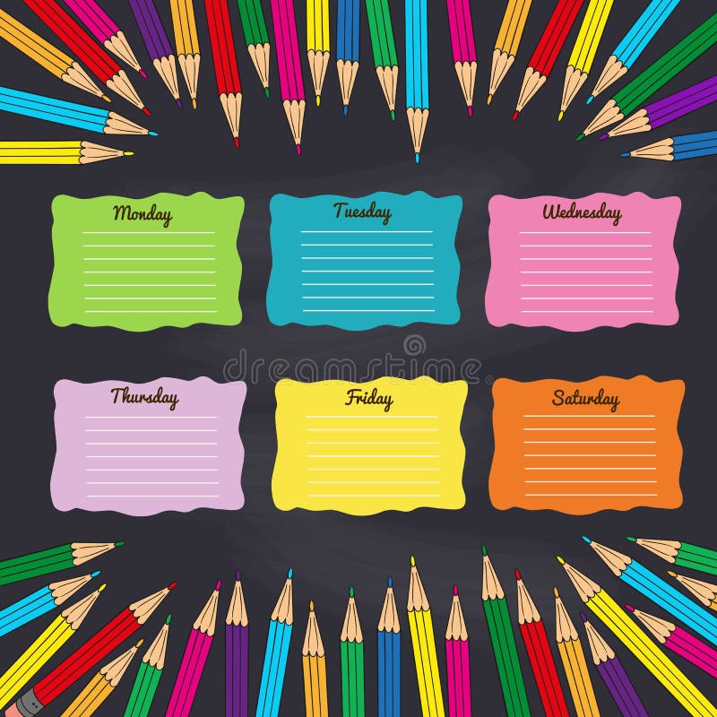 School Timetable with Multicolored Pencils. Stock Vector - Illustration ...