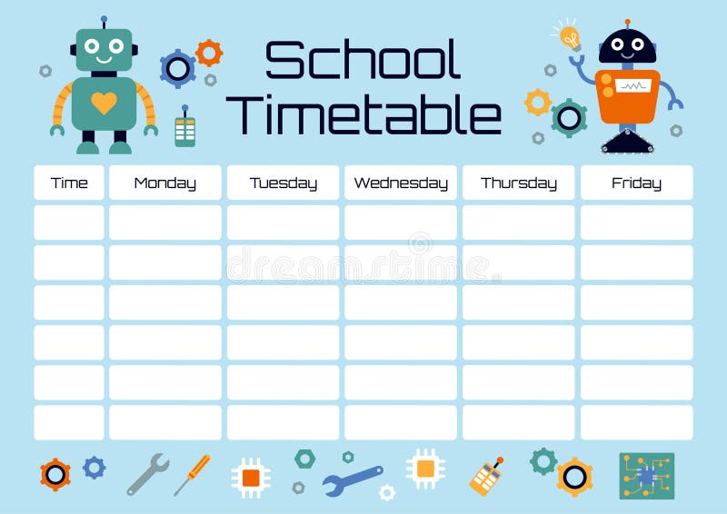 School Timetable for Technology & Robot Lovers, Cute Flat A4 Printable ...