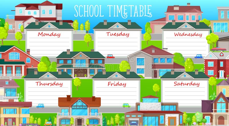 School Timetable Template with Cartoon Buildings Stock Vector ...