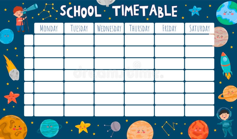 School Timetable with Cute Cartoon Fairytale Characters Stock Vector ...