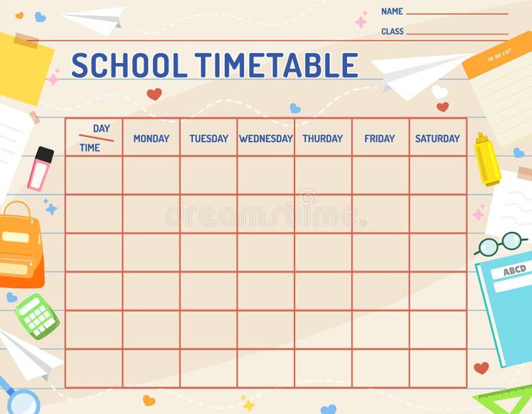 School Timetable Template with Educational Elements. Flat Schedule ...