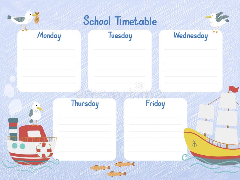 School Timetable Template with Funny Seagulls and Ships for Students or ...