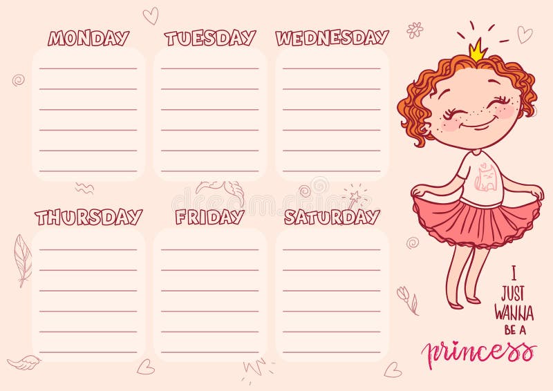 Kids Timetable with Cute Princess. Weekly Planner for Children Girls ...