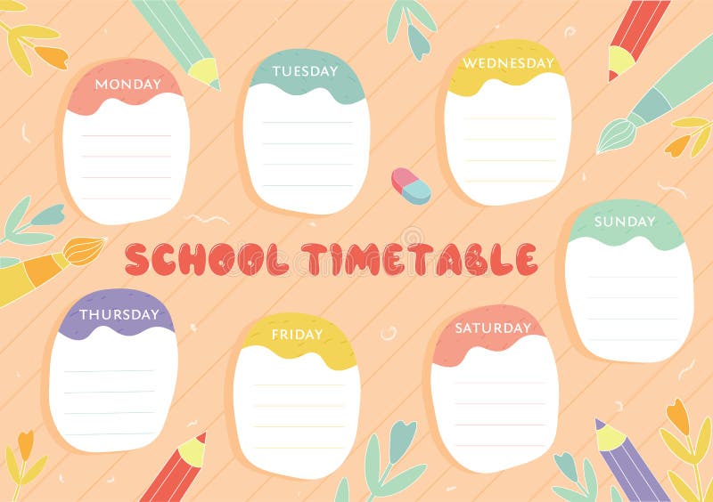 School Timetable, Weekly Classes Schedule in Cartoon Style. Vector ...
