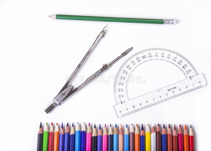 School Tools for Geometry. Compas with Protractor and Pencils Stock ...