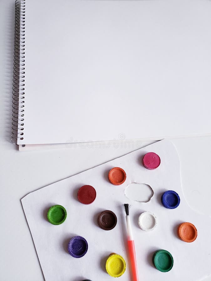 Drawing Notebook with Blank Sheet and Watercolor Paints Stock Photo ...