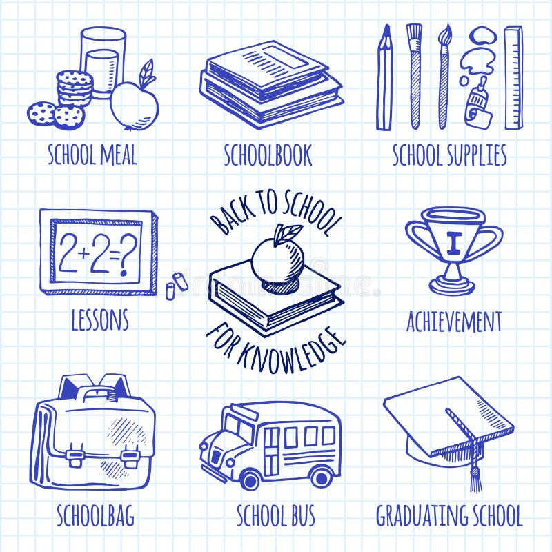 School Tools Sketch Blue Icons Set. Stock Illustration - Illustration ...