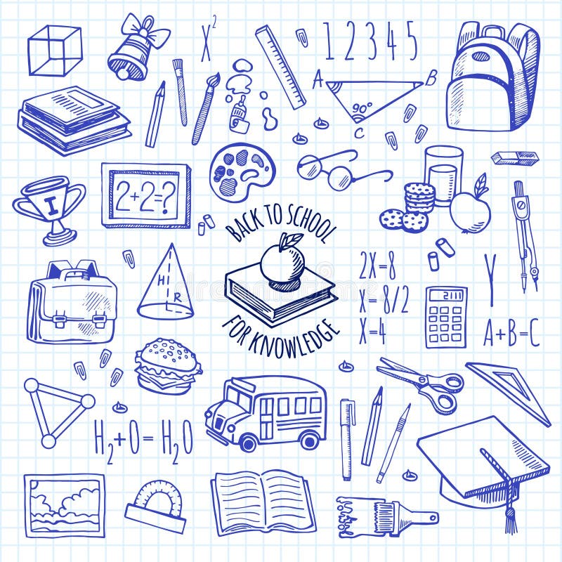 School Tools Sketch Blue Icons Vector Set. Stock Vector - Illustration ...