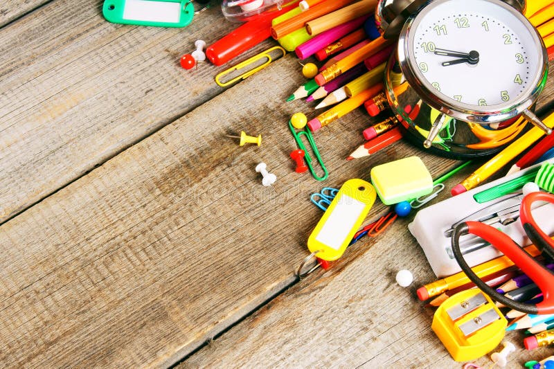School Tools. on Wooden Background. Stock Photo - Image of brown ...