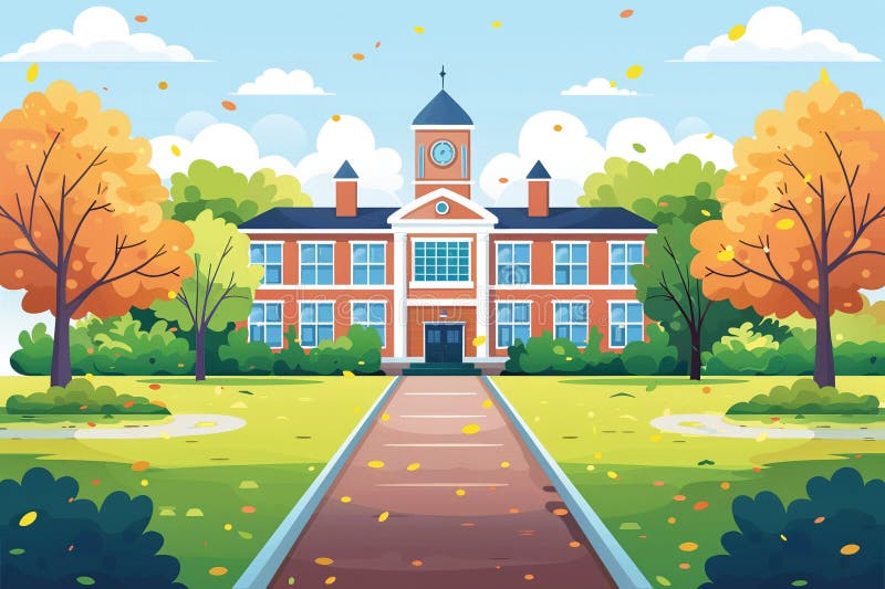 School Tour Path Flat Design Front View Academic Theme Cartoon Drawing ...