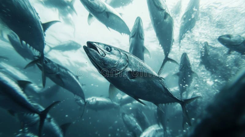 A School of Tuna Swimming Underwater in Dark Blue Water Stock ...