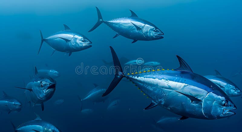 A School of Tuna Swims in the Ocean Depths. Concept of the Underwater ...