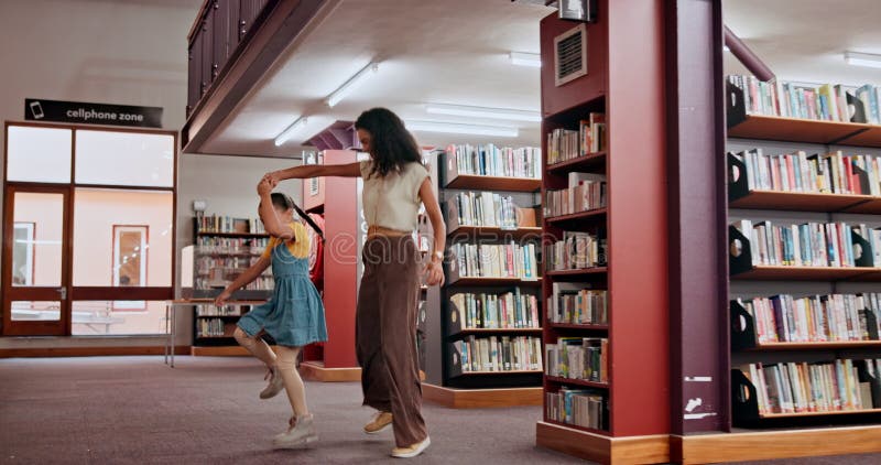 School, Tutor or Girl in a Library Dancing with Smile for Knowledge or ...